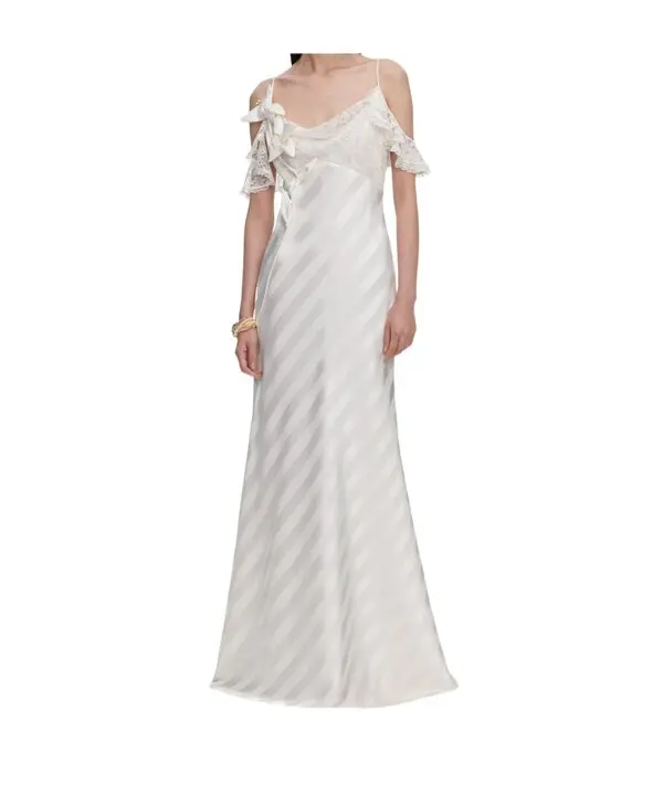 SELF-PORTRAIT Lace Trimmed Striped Maxi Dress