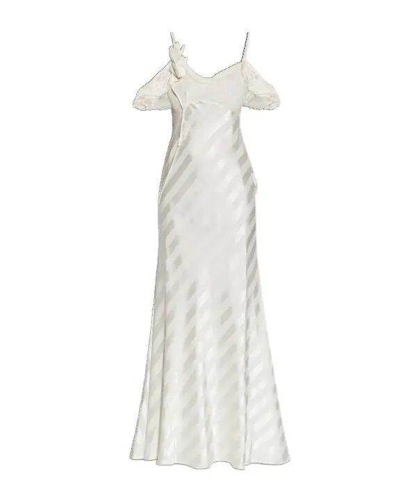 SELF-PORTRAIT Lace Trimmed Striped Maxi Dress - White