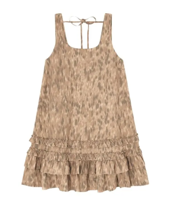 GANNI Printed Cotton Dress With Ruffled Hem - Burro