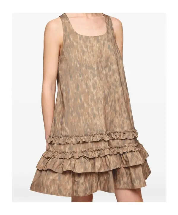 GANNI Printed Cotton Dress With Ruffled Hem - Burro