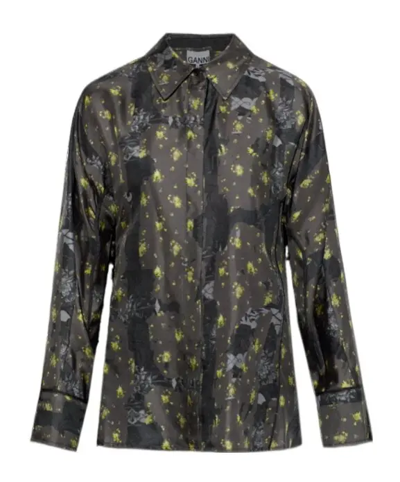 GANNI Floral Print Silk Shirt - Black
