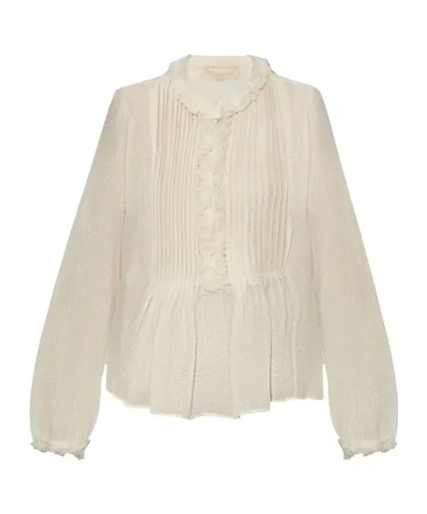 Ulla Johnson Chevron Wool Gauze Ruffled Blouse