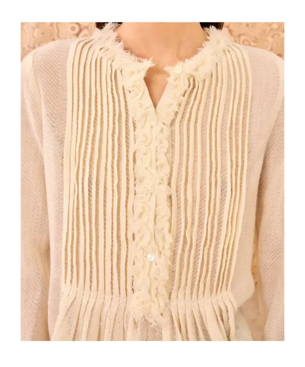 Ulla Johnson Chevron Wool Gauze Ruffled Blouse