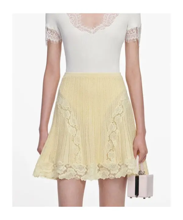 SELF-PORTRAIT Lace Trim Mini Skirt - Yellow