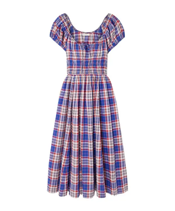 DÔEN Quinn Checked Tie-detailed Shirred Cotton-poplin Midi Dress - Blue