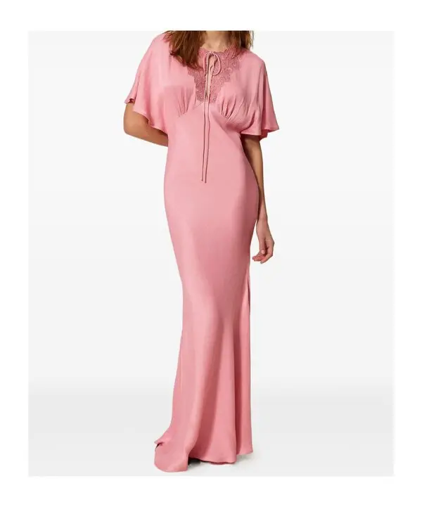 TWINSET Short Sleeve Maxi Dress With Embroidered Neckline