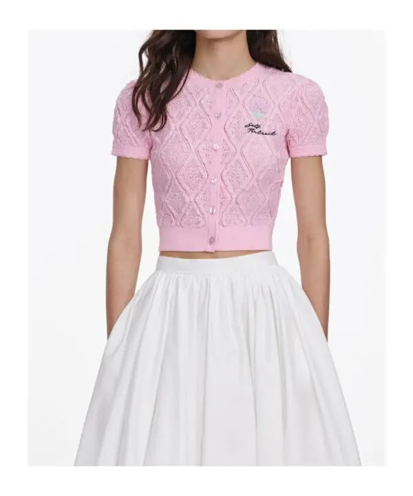 SELF-PORTRAIT Pointelle Knit Cropped Top With Floral Embroidery