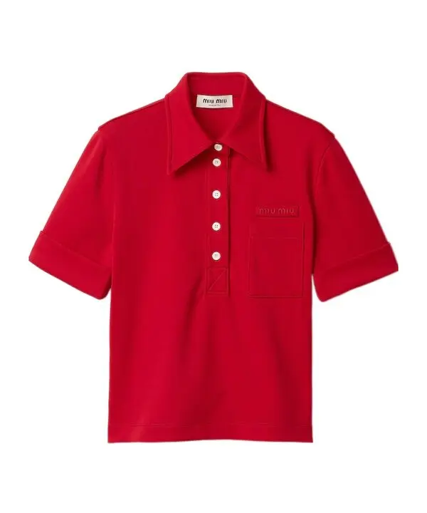 Miu Miu Short-sleeved Polo Shirt With Embroidered Logo - Ruby Red