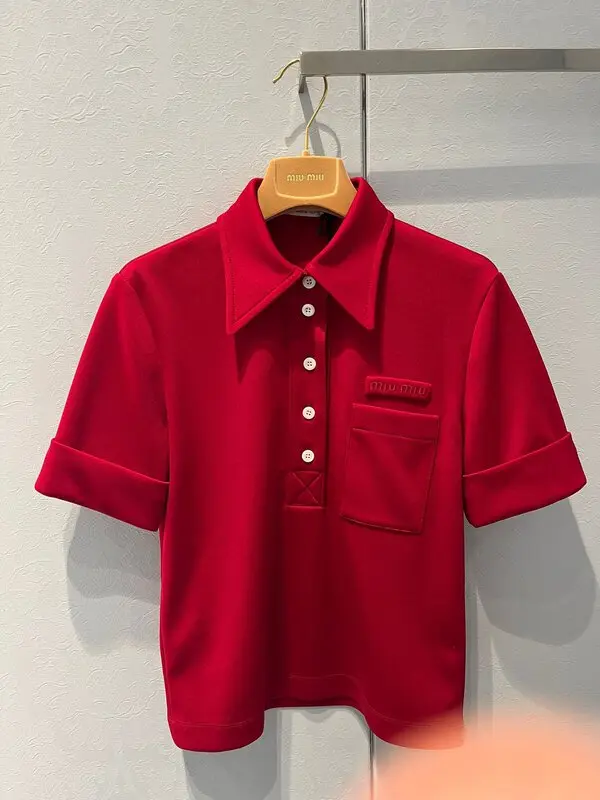 Miu Miu Short-sleeved Polo Shirt With Embroidered Logo - Ruby Red