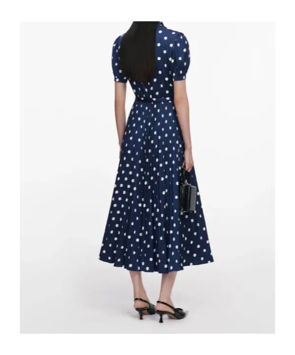 SELF-PORTRAIT Polka Dot Pleated Midi Dress With Pussy Bow