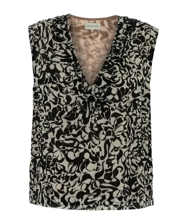 Dries Van Noten Sleeveless Printed Embroidered Top - Black