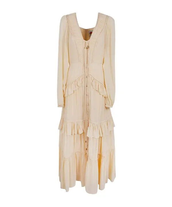 Farm Rio Ruffled Maxi Dress With V-neck And Long Sleeves - Yellow