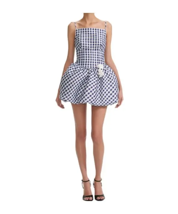 SELF-PORTRAIT Gingham Taffeta Mini Dress - Navy