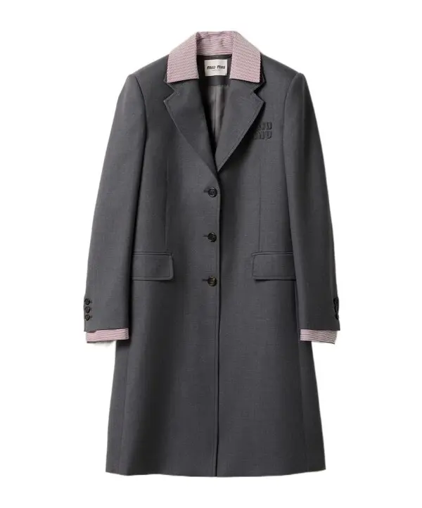 Miu Miu Single-breasted Gabardine Coat With Detachable Striped Collar And Cuffs - Anthracite Grey