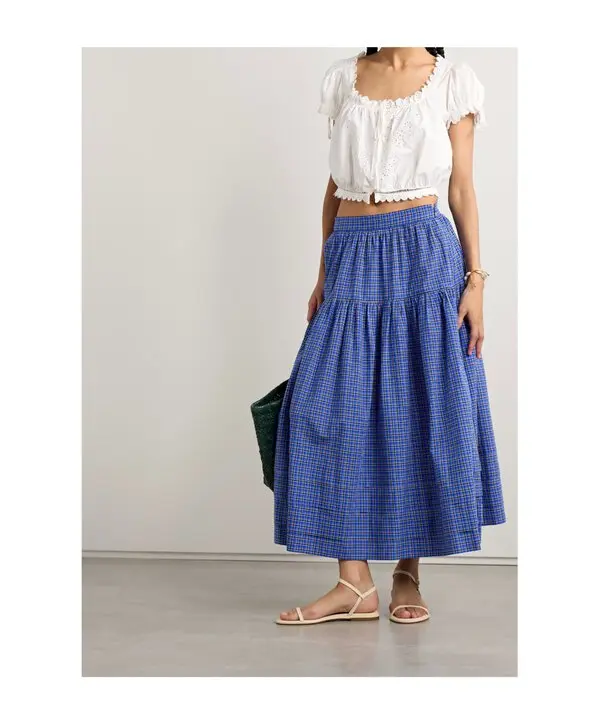 DÔEN Sebastiane Plaid Tiered Maxi Skirt - Blue