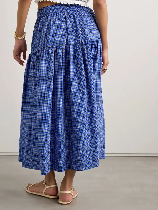 DÔEN Sebastiane Plaid Tiered Maxi Skirt - Blue