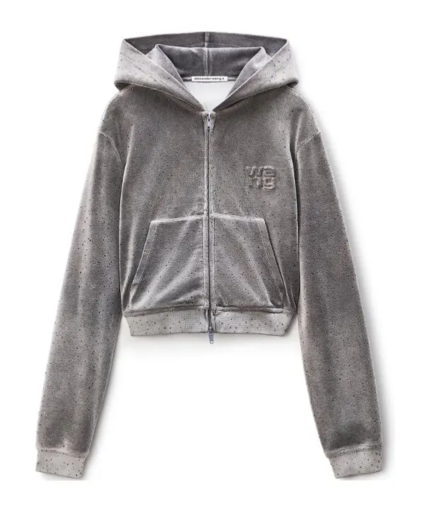 Alexander Wang Embellished Velour Zip-up Hoodie - Gray
