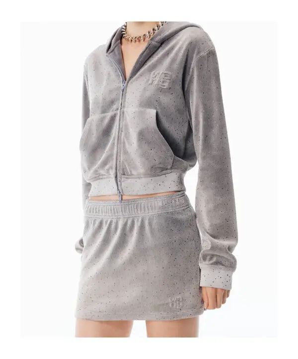 Alexander Wang Embellished Velour Zip-up Hoodie - Gray