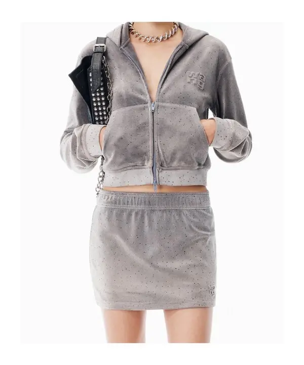 Alexander Wang Embellished Velour Zip-up Hoodie - Gray