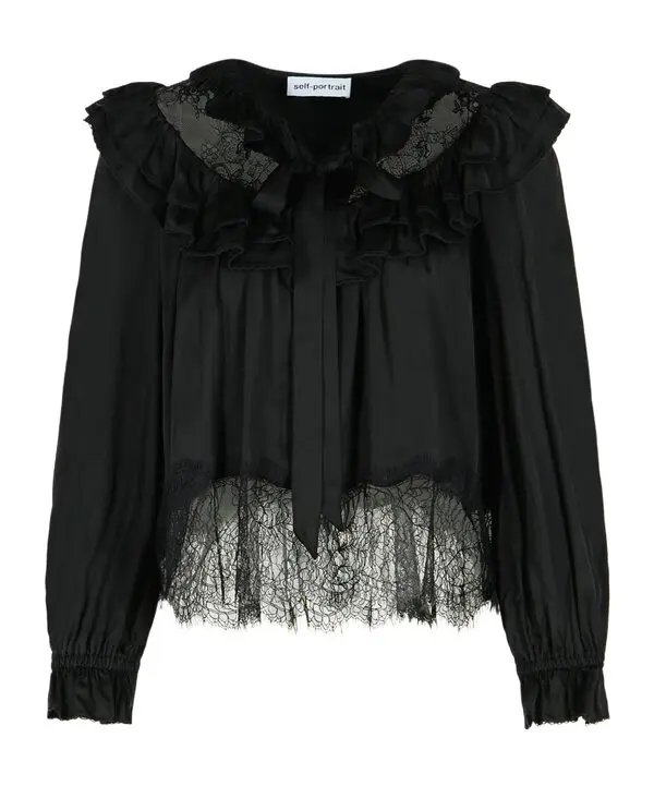 SELF-PORTRAIT Ruffled Lace Blouse - Black