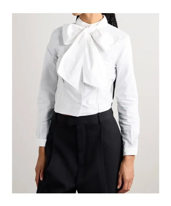 Thom Browne Cropped Striped Cotton Oxford Shirt With Poplin Bow Detail