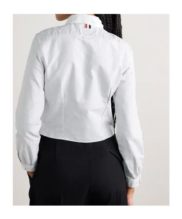 Thom Browne Cropped Striped Cotton Oxford Shirt With Poplin Bow Detail