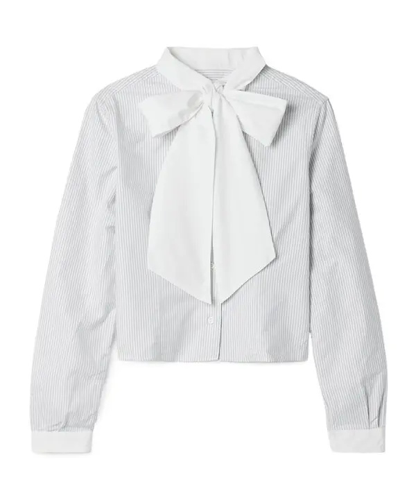 Thom Browne Cropped Striped Cotton Oxford Shirt With Poplin Bow Detail - Grey