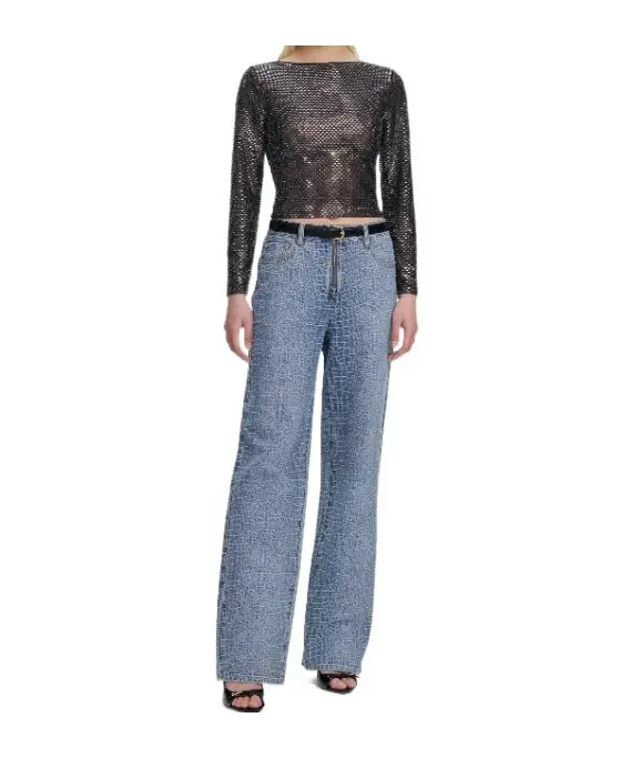 SELF-PORTRAIT Crocodile-effect High Waist Straight Leg Jeans