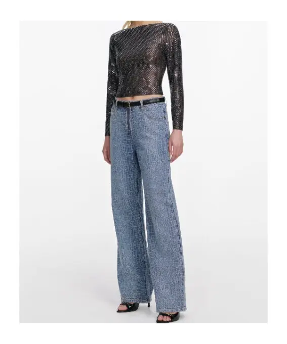SELF-PORTRAIT Crocodile-effect High Waist Straight Leg Jeans