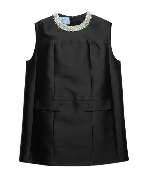 Prada Embroidered Double Shantung Dress - Black
