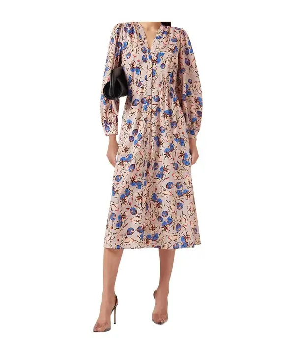 Marella Remora Printed V-neck Puff Sleeve Dress - Multicolor