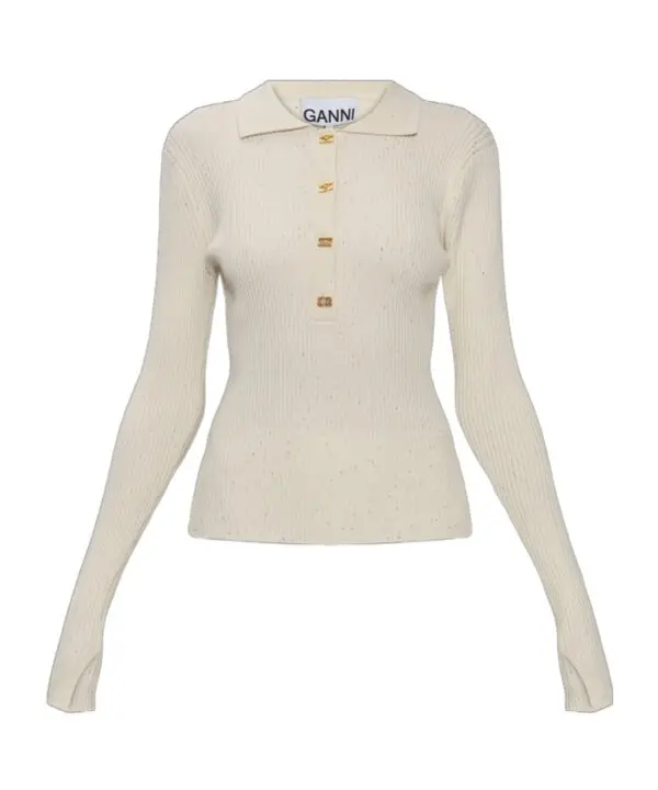 GANNI Ribbed Long Sleeve Polo Top With Embellishments - Egret