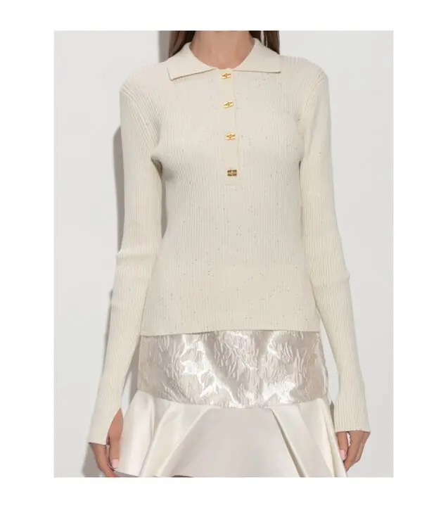 GANNI Ribbed Long Sleeve Polo Top With Embellishments - Egret