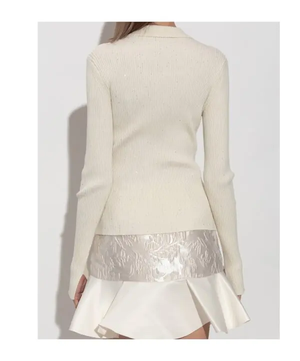 GANNI Ribbed Long Sleeve Polo Top With Embellishments - Egret