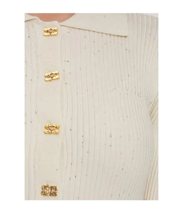 GANNI Ribbed Long Sleeve Polo Top With Embellishments - Egret