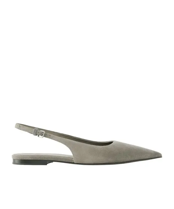 Brunello Cucinelli Embellished Suede Slingback Flats - Taupe