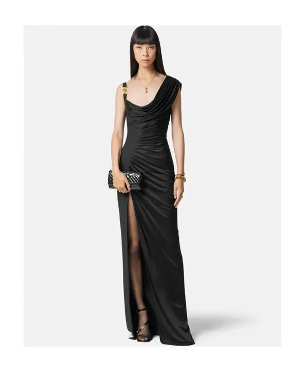 Versace Medusa Head Logo Plaque Side-slit Maxi Dress