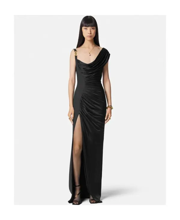 Versace Medusa Head Logo Plaque Side-slit Maxi Dress