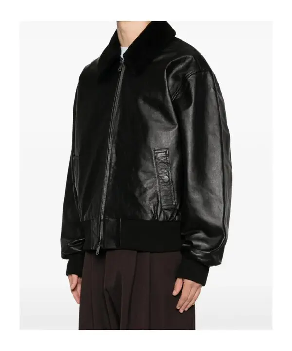 Calvin Klein Leather Bomber Jacket With Shearling Collar