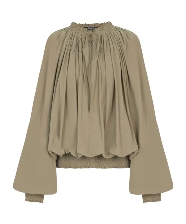 Balmain Cotton Blouse With Tie-up Neck And Pleated Details - Green