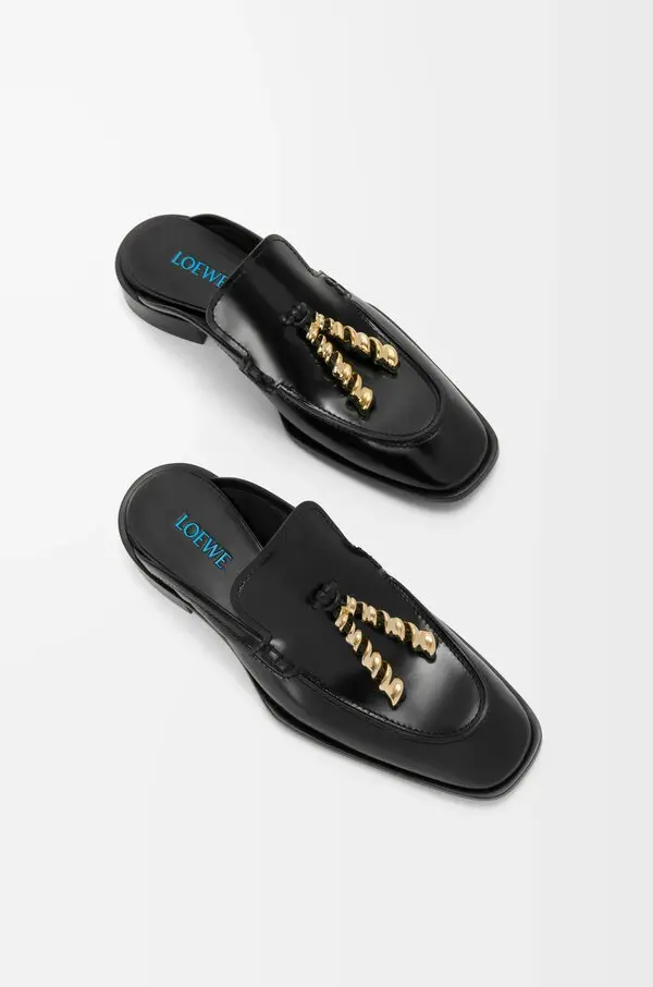 Loewe Edge Loafer Mules In Brushed Calfskin With Gold-finish Coil Embellishments - Black