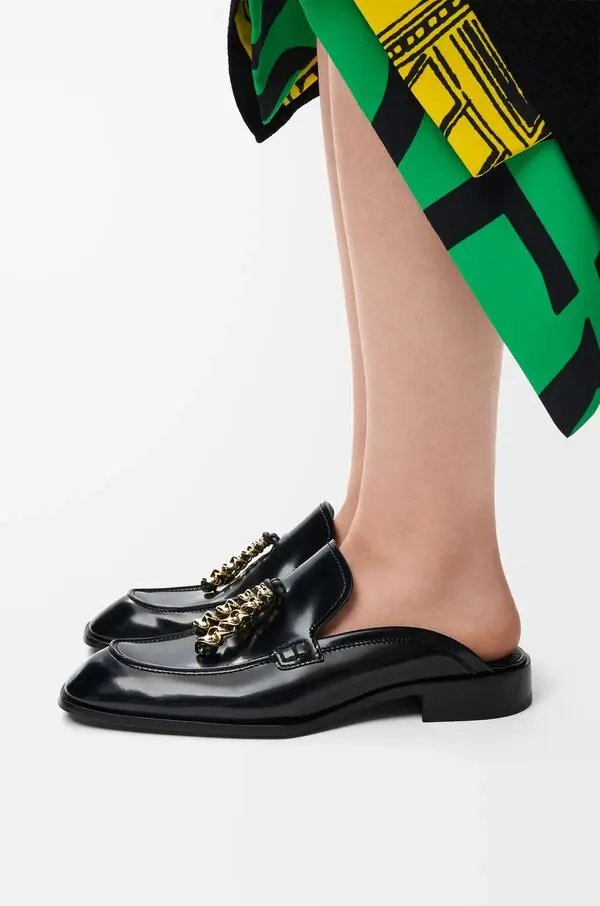 Loewe Edge Loafer Mules In Brushed Calfskin With Gold-finish Coil Embellishments - Black