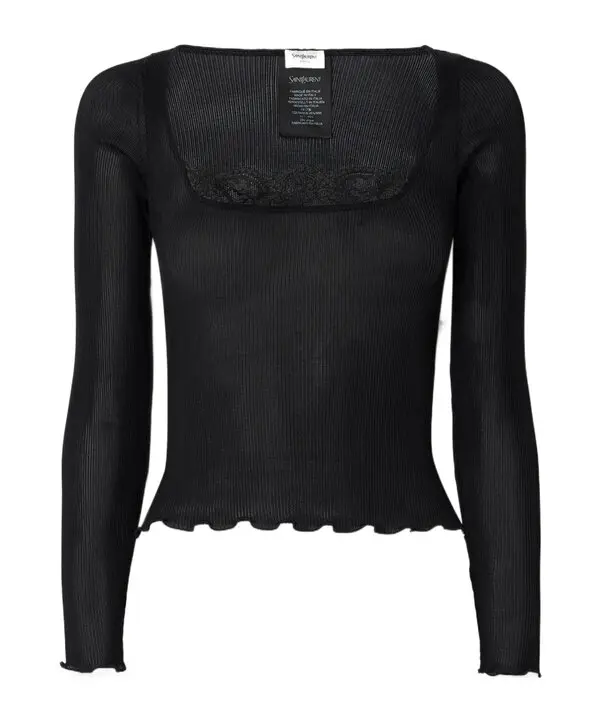 Saint Laurent Long Sleeve Lace Trim Top - Black