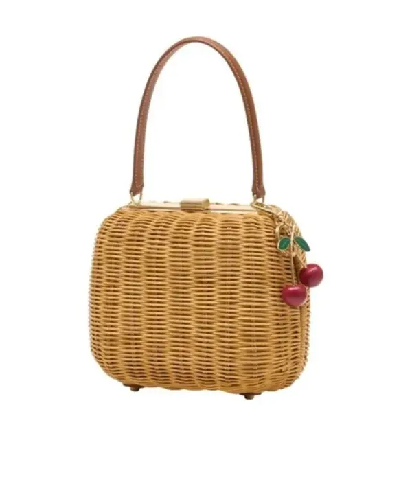 SELF-PORTRAIT Cherry Pendant Woven Mini Bucket Bag - Brown