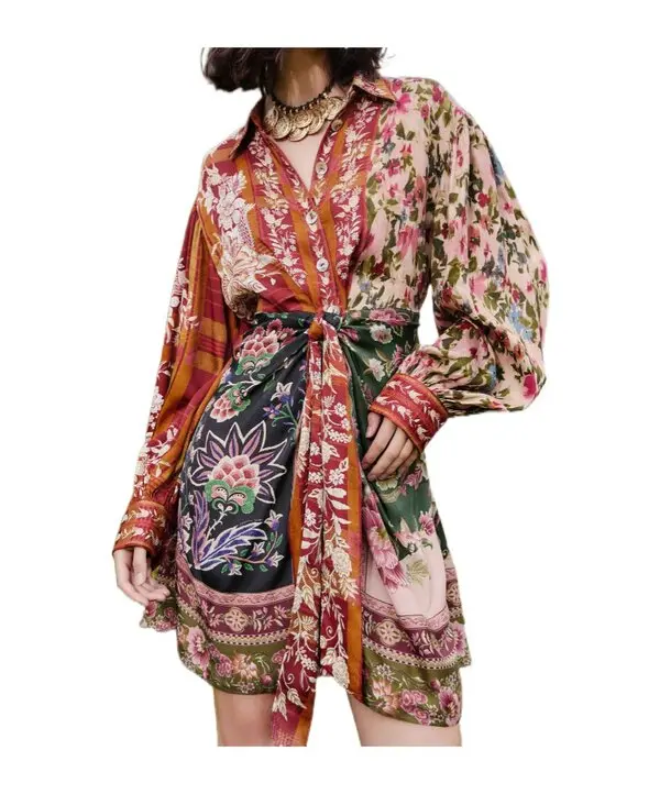 Farm Rio Mixed Print Button-up Mini Dress