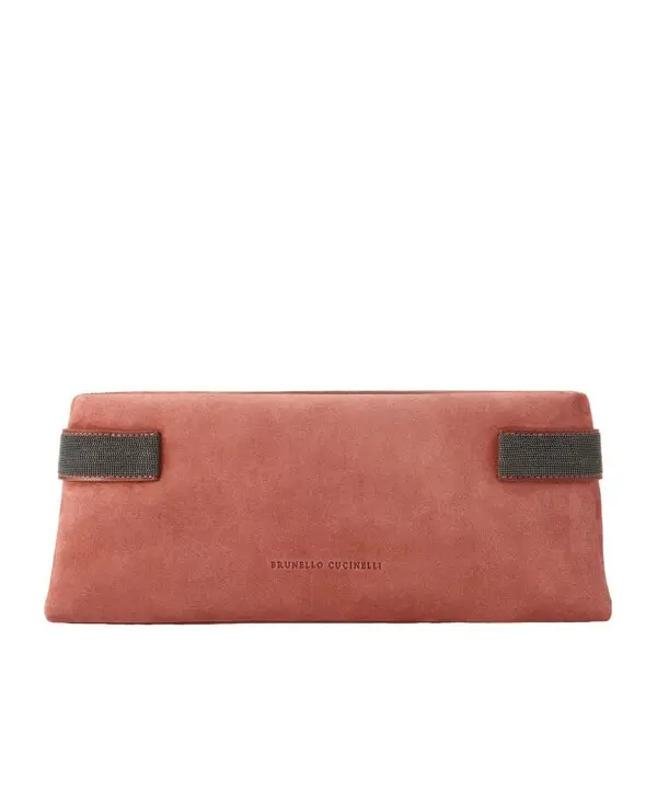 Brunello Cucinelli Monili Bead Embellished Suede Clutch - Brick Red