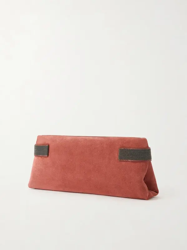 Brunello Cucinelli Monili Bead Embellished Suede Clutch - Brick Red