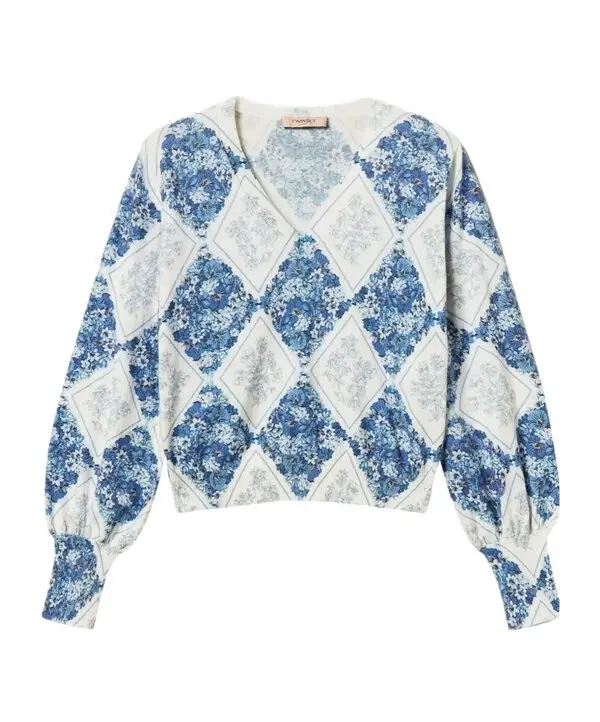 TWINSET Floral Diamond Print V-neck Knitted Sweater - White