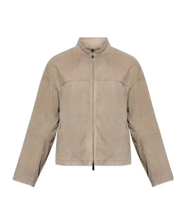 Emporio Armani High Neck Zip-up Suede Jacket - Beige
