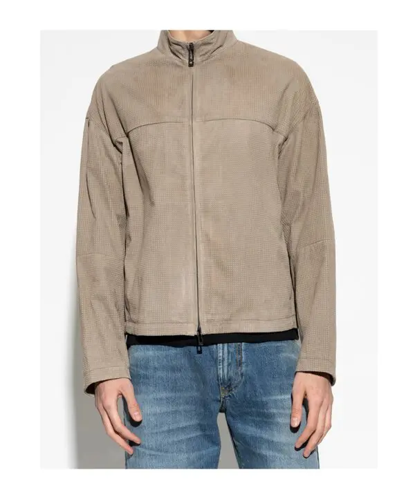 Emporio Armani High Neck Zip-up Suede Jacket - Beige
